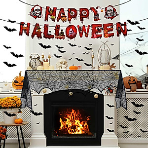 Halloween Decorations Indoor Set, 52pcs Halloween Party Decorations, Halloween 3D Bats & Spiderweb Table Runner & Cobweb Fireplace Mantel Scarf & Spooky Happy Halloween Banner for Home Indoor Decor