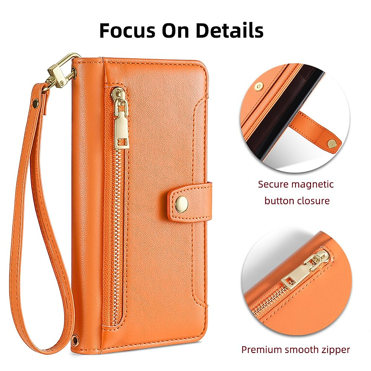 Arseaiy Wallet Case for Honor V20/view 20 Flip Phone Case with Crossbody Strap Magnetic Handbag Zipper Pocket PU Leather Shockproof with Kickstand Phone Shell Orange