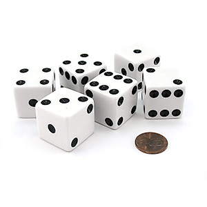 Set of 6 D6 25mm Large Opaque Jumbo Dice - White with Black Pip by Koplow Games
