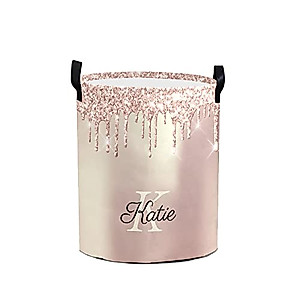 MakeUnique Gold Rose Glitter Drop Personalized Laundry Baskets with Name Waterproof Clothes Laundry Hampers Bathroom Toy and Sundries Collection Storage Bin with Handles, 19.69inch(H)x14.17inch(D)