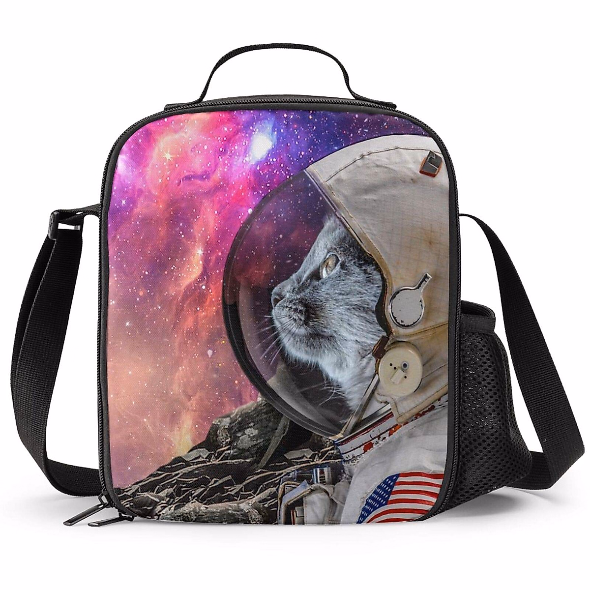PrelerDIY Space Cat Lunch Box - Insulated Lunch Box for Kids with Side Pocket & Shoulder Strap Lunch Bag, Perfect for School/Camping/Hiking/Picnic/Beach/Travel