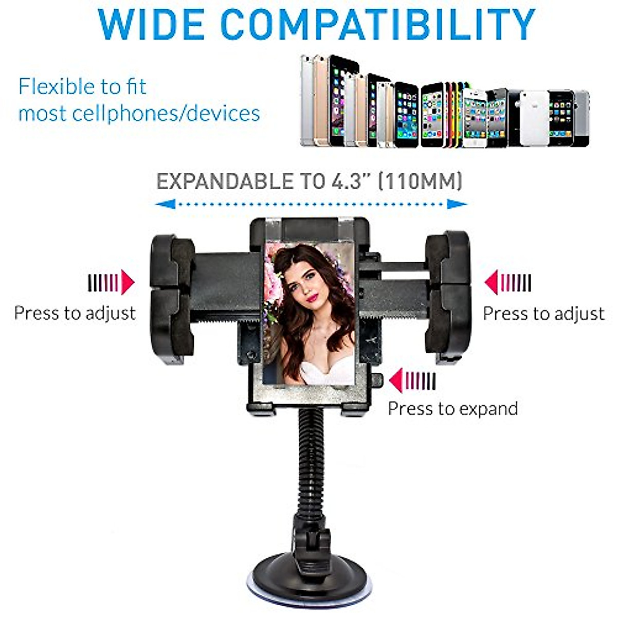 NEM Universal 3-in-1 Car Cell Phone Holder, Windshield Long Arm Phone Holder, Dashboard, Air Vent, Stand with Photo Frame for iPhone 12/11/X/8/7/7P/6s/6P/5S,Galaxy S5/S6/S7/S8/S9,Google,LG,Huawei