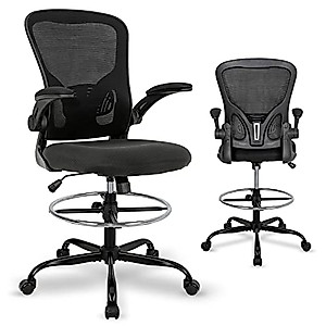 Drafting Chair Tall Office Chair, Standing Desk Chair with Flip-Up Arm, Ergonomic Mesh Computer Chair with Adjustable Foot Ring for Conference Room, Executive Rolling Swivel Stool for Office & Home.