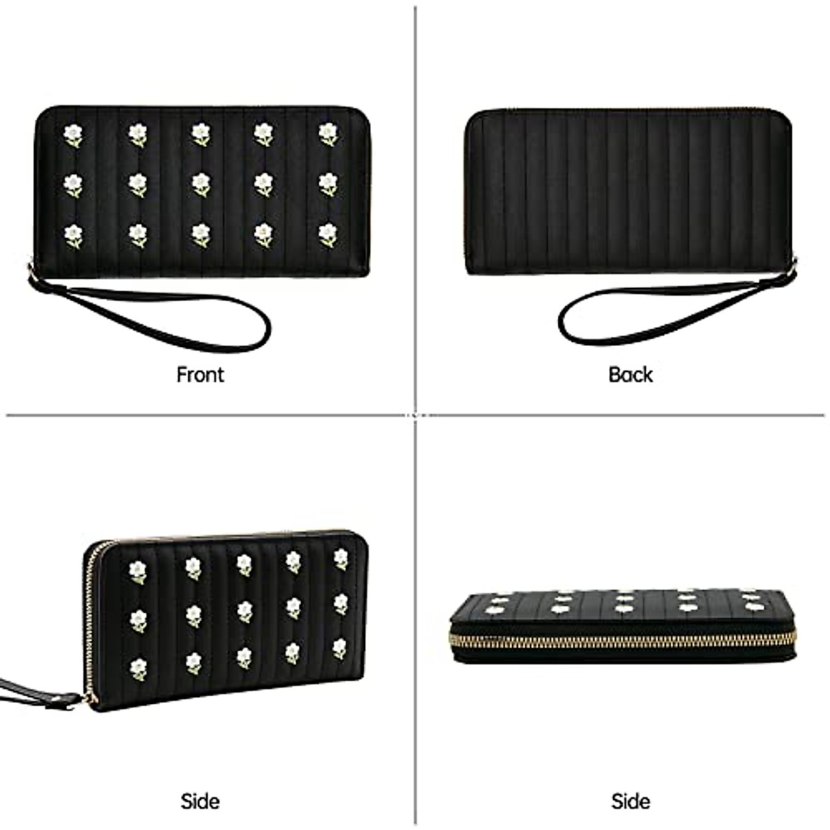 LJCZKA PU Leather Wallet for Women Girls Large Capacity Cute Flower Card Holder Wallets Wrist Strap Ladies Long Purse (Black)