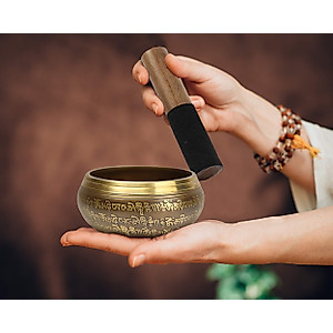 Tibetan Singing Bowl Set 4" ~ Bronze Mantra Design ~ With Carry Case, Dual Surface Mallet, Silk Cushion, and FREE Meditation e-book ~ Promotes Peace, Chakra Healing, and Mindfulness