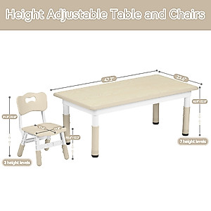 CuFun Kids Table and 4 Chairs Set, Children Study Desk, Dining Table, Height Adjustable Plastic Desk Painting Desktop Toddler Furniture for Boys and Girls (Burlywood-Wood Grain)