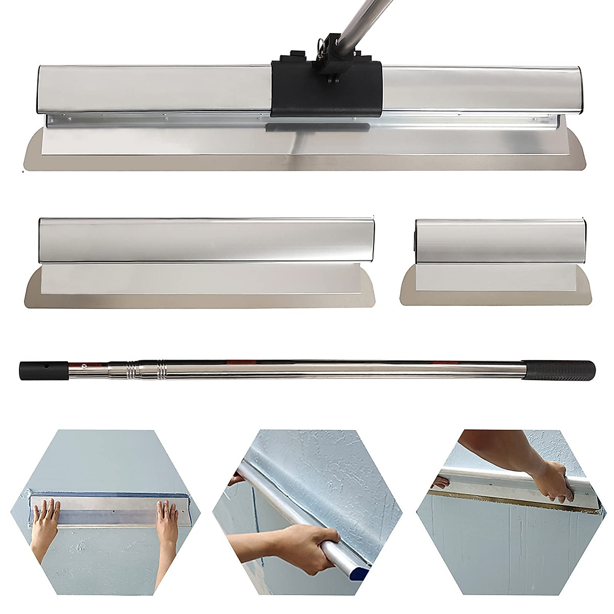 Futchoy Drywall Skimming Blade Set - 12", 22" & 32" Blades + 34.65-80.71"Extension Handle | Pro-Grade | Stainless Steel Construction | High-Impact End Caps