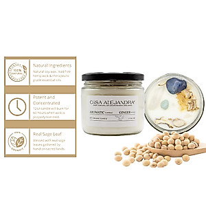 Ginger Aromatherapy Candle with Blue Quartz, White and Amazonite + Healing Crystal+ Soy Wax + Scented Oil + Botanical Decoration + Quartz 12 oz. La CASA de ALEJANDRA