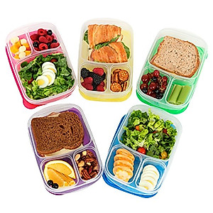 Qualitas Products® Premium Kids Bento Boxes – 3 Compartments, 5 Bento Box Microwave Safe Lunch & Leftover Containers Set for Kids and Adults - Made From Food Grade Plastic