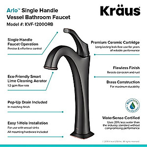 KRAUS KVF-1200ORB Arlo Single Handle Vessel Bathroom Faucet with Pop Up Drain, Oil Rubbed Bronze