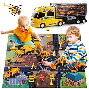 Construction Truck Toys Kids with Game Mat, Carrier Truck Alloy Engineering Vehicle Truck Toy Set, Excavator, Dump Tractor Helicopter Die cast Christmas Birthday Gifts for Kid Toddler Child Age 3 4 5