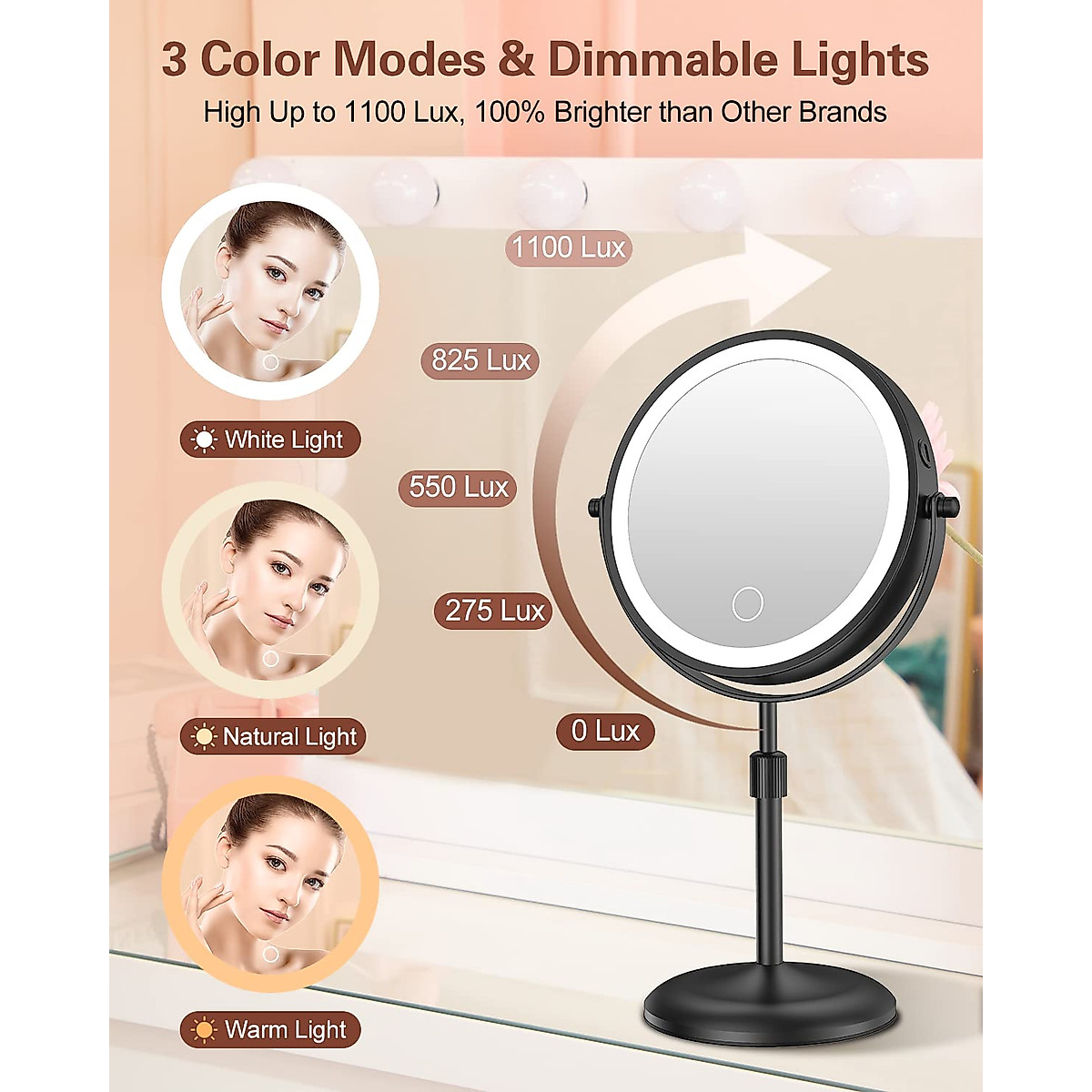 Benbilry Lighted Makeup Mirror with 10X Magnification & 3 Color Lights, Adjustable Brightness & Height, 7 Inch 360° Swivel Rechargeable LED Magnifying Make Up Mirror with Lighting (Black)