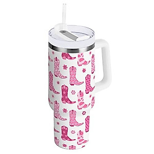 ARGTILDN 40 oz Tumbler Western Cowboy Boots Flowers Insulated Travel Mug with Handle and Straw Lid Stainless Steel Vacuum Coffee Cup Tea Beverage Container Water Bottles for Car Sports office
