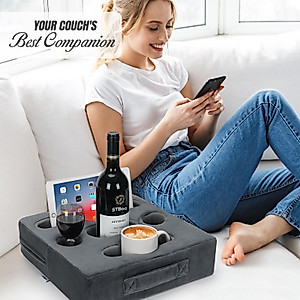 STBoo Couch Cup Holder Pillow - Sofa Drink Cup Holder Cozy Buddy | Bed Caddy Organizer Holds Remote, Snacks, Phones, Tablet | Waterproof Anti-Spill Sofa Beverage Tray for Car, Beach, RV, Boat (Grey)