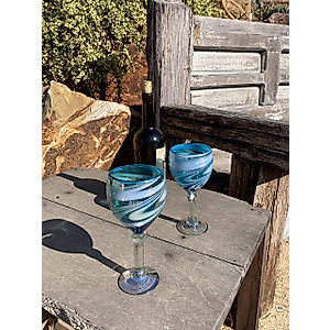 Blue Dorado Design Hand Blown Wine Glass - 16 oz - BDD - Set of 6 (Turquoise and White Swirl)