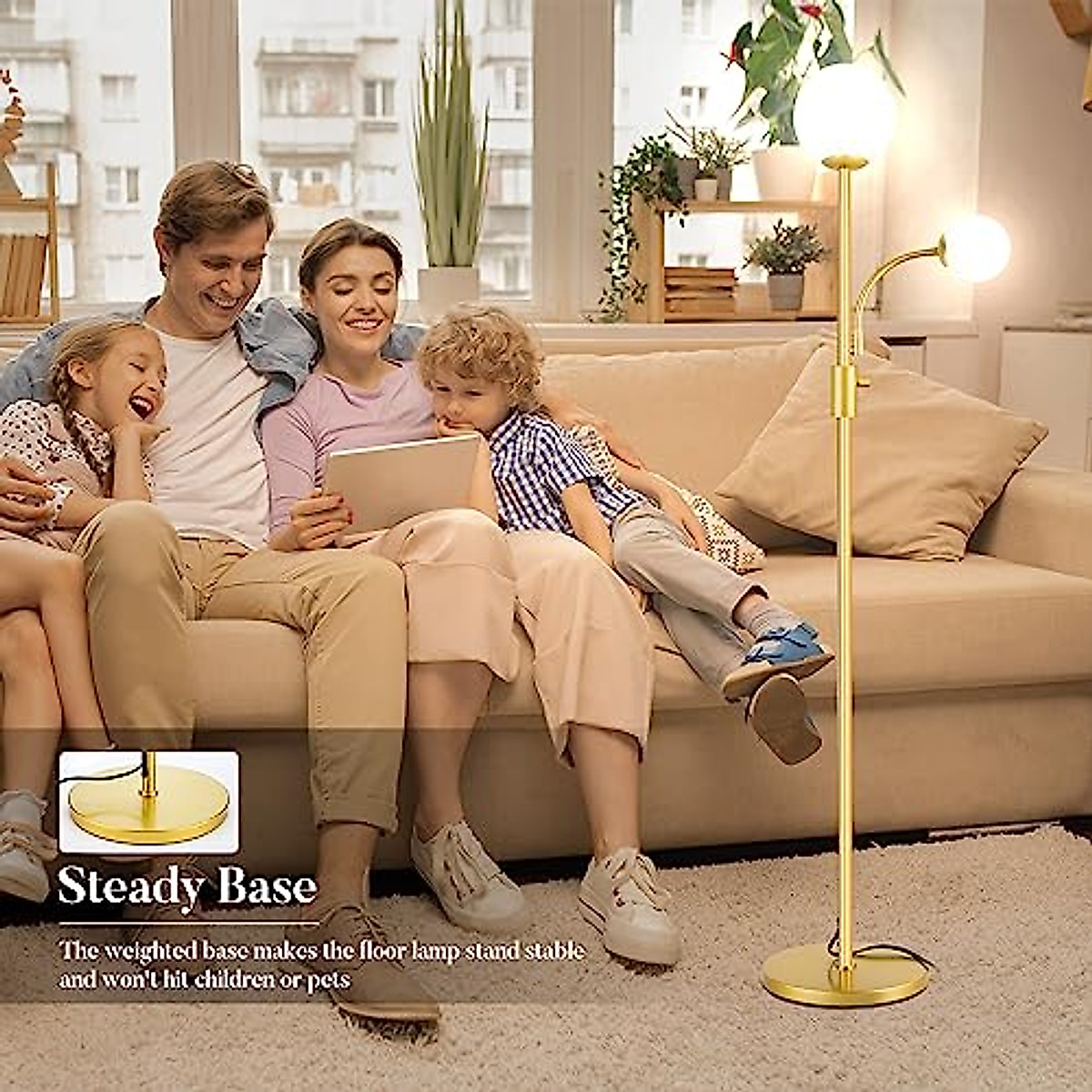 bulbeats Dimmable Globe Floor Lamp, Gold Standing Lamp with Adjustable Reading Light 3000K 6W G9 Bulbs, Industrial Tall Lamp for Living Room Bedroom Mid Century Modern Decor