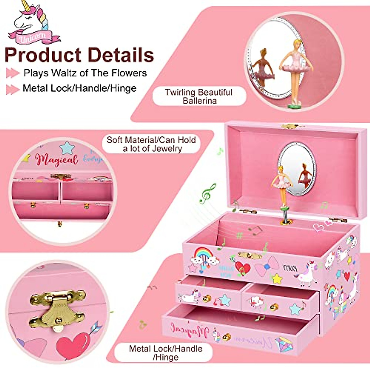 efubaby Musical Jewelry Box for Girls with Spinning Ballerina Unicorn Design, 3 Pullout Drawers, Unicorn Jewelry Set Included Kids Jewelry Box for Little Girls Valentine Gift, Waltz of Flowers Tune