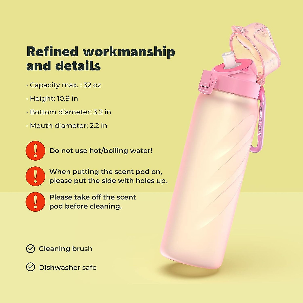 JMEY [Upgrade Gen 3.0] Scent-Based™ Water Bottle with Straw Leakproof Flip, 1-Pack Scent Pod (D-Ring™ Plus), BPA-Free, 32-Ounce for Travel Sports Camping Hiking Home Outdoor School - Pink+Clear Lid