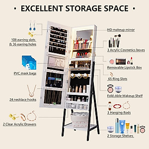 jajov 47.2" LED Jewelry Cabinet Armoire, Standing Mirror with Jewelry Storage, Jewelry Organizer Armoire with Full Length Mirror, Lockable Jewelry Mirror Cabinet (White)