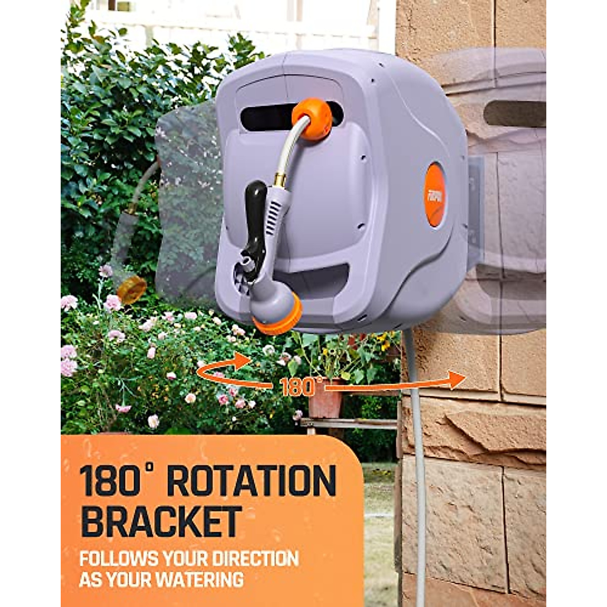 FIILPOW 1/2 Inch 100 FT Retractable Garden Hose Reel, Slow & Safe Return System, Water Hose Reel with Brass Connector, Double Lock Design, 8 Patterns Nozzle, 180° Swivel for Garden Watering