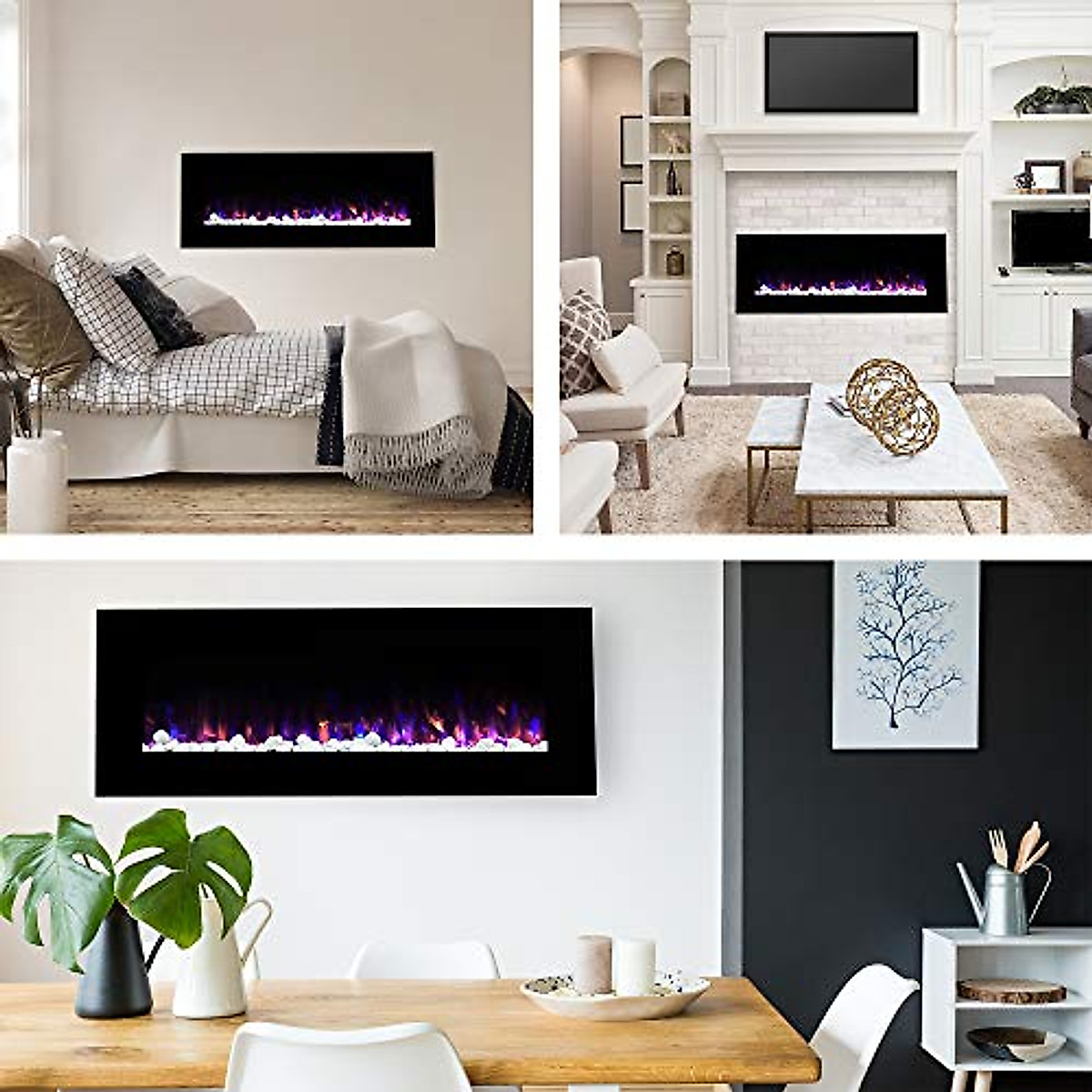 Northwest Electric Fireplace Wall Mounted Color Changing LED Fire and Ice Flames, NO Heat, Multiple Decorative Options and Remote Control, 54", Black