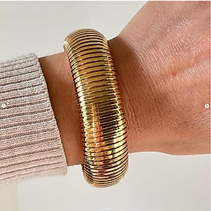 CONRAN KREMIX Gold Chunky Bangle Stretch Bracelets For Women 14K Real Gold Filled Stainless Steel Cuff Bracelet Non Tarnish Trendy Jewelry 20MM Width,8 Inches