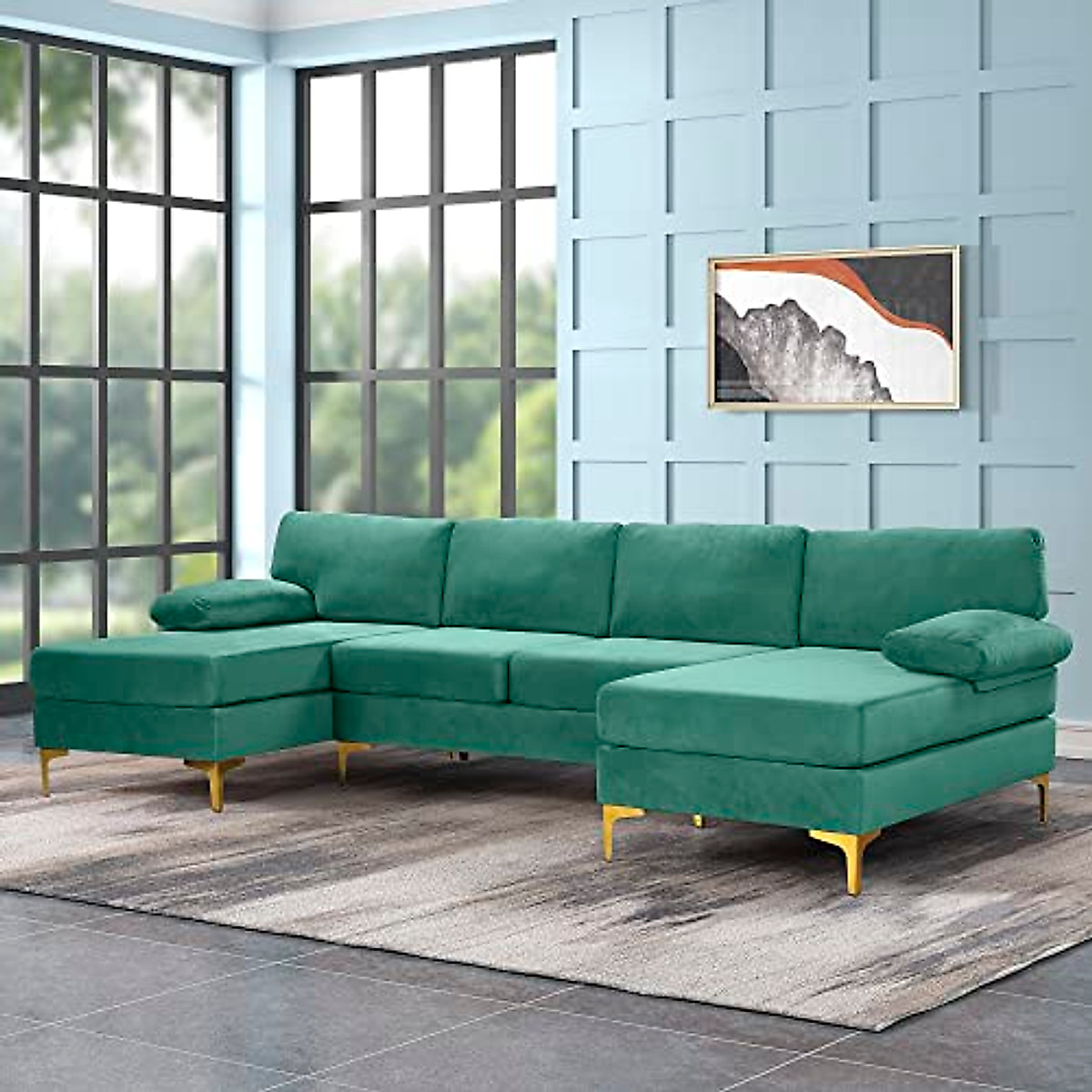 Modern Large Velvet Fabric U-Shape Sectional Sofa, Double Extra Wide Chaise Lounge Couch with Gold Legs