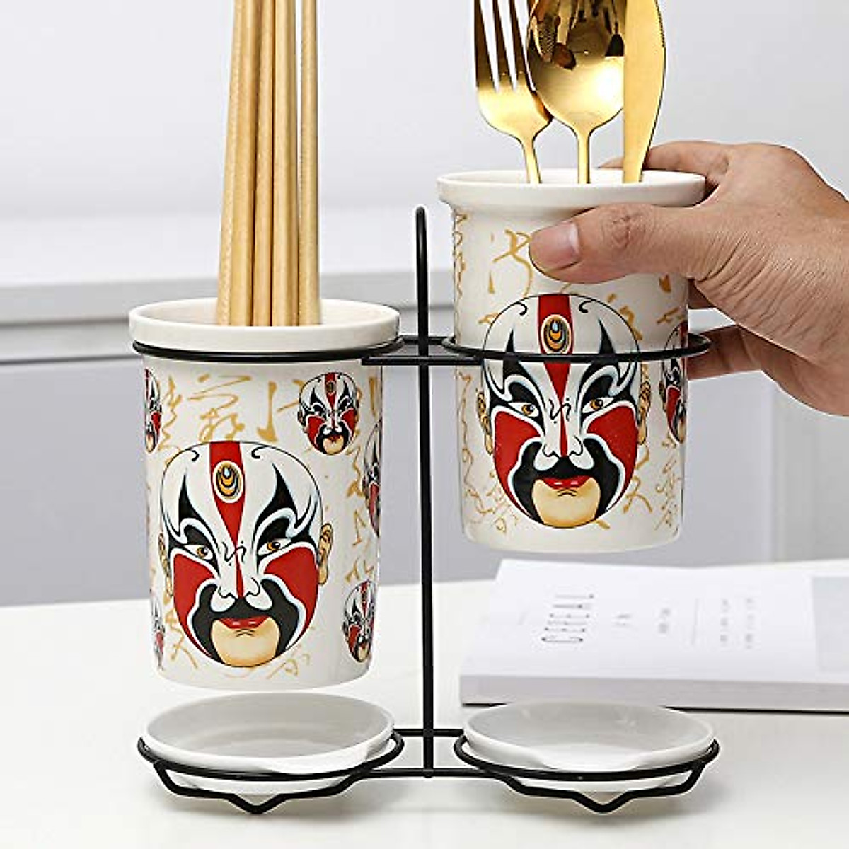 Kelendle Ceramic Caddy Cutlery Holder with Metal Base Utensil Organizer Flatware Organizer for Kitchen Countertop Table Cabinet Pantry, Mask