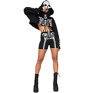 RARITYUS Women Gothic Reflective Skeleton Hoodie Crop Top Iron Chain Bandage Long Sleeve Pullover Sweatshirt for Rave Halloween Costume