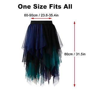 Women's Tulle Skirt A-Line High Low Asymmetrical 3 Layered Midi Length Elastic Waist Tutu Skirts (Black Green)