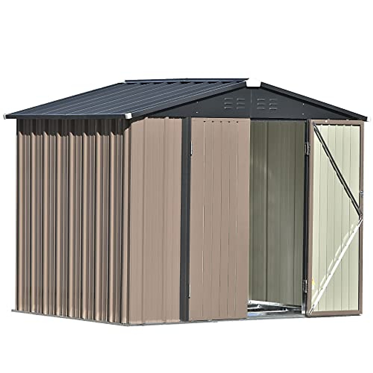 INLIFE Patio 8ft x6ft Bike Shed Garden Shed, Metal Storage Shed with Lockable Doors, Tool Cabinet with Vents and Foundation Frame for Backyard, Lawn, Garden, Brown