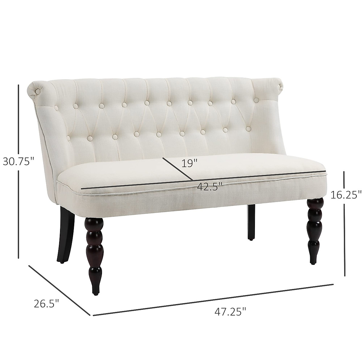 HOMCOM Upholstered Armless Fabric Loveseat with Button Tufted Design for Living Room with Wood Legs, Cream White