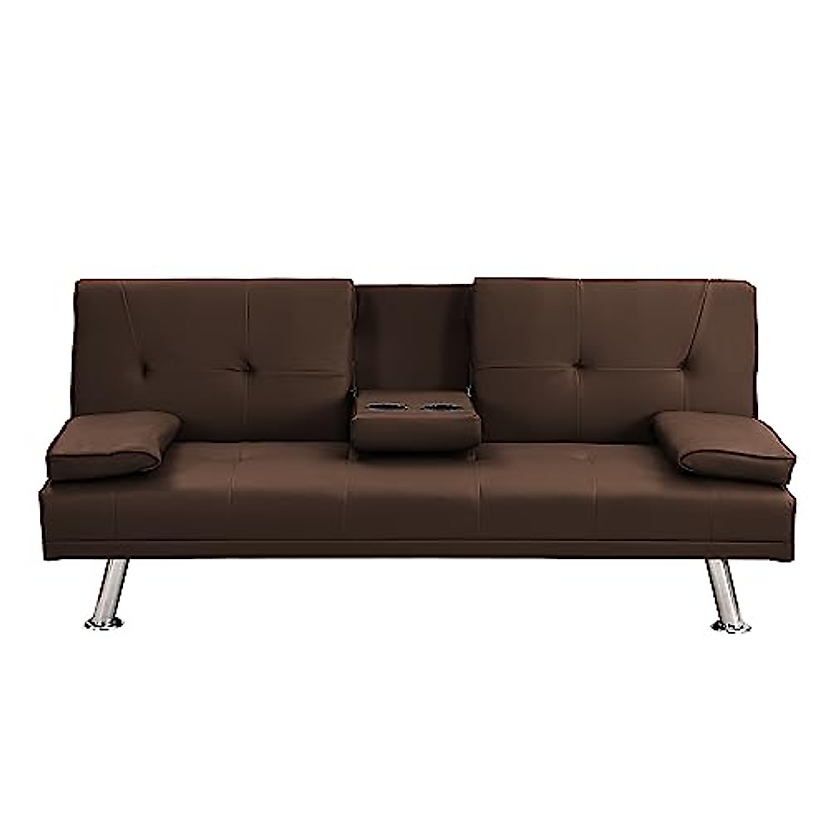 Anwickhomk Modern Upholstered Convertible Folding Futon Sofa Bed, Convertible Sleeper Sofa, Couch, Loveseat with Metal Legs,2 Cupholders,Removable Armrests for Compact Living Space (Brown)