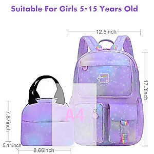 School Backpacks for Teen Girls Laptop Backpack with Lunch Bag，Cute waterproof Travel Bookbags Purple