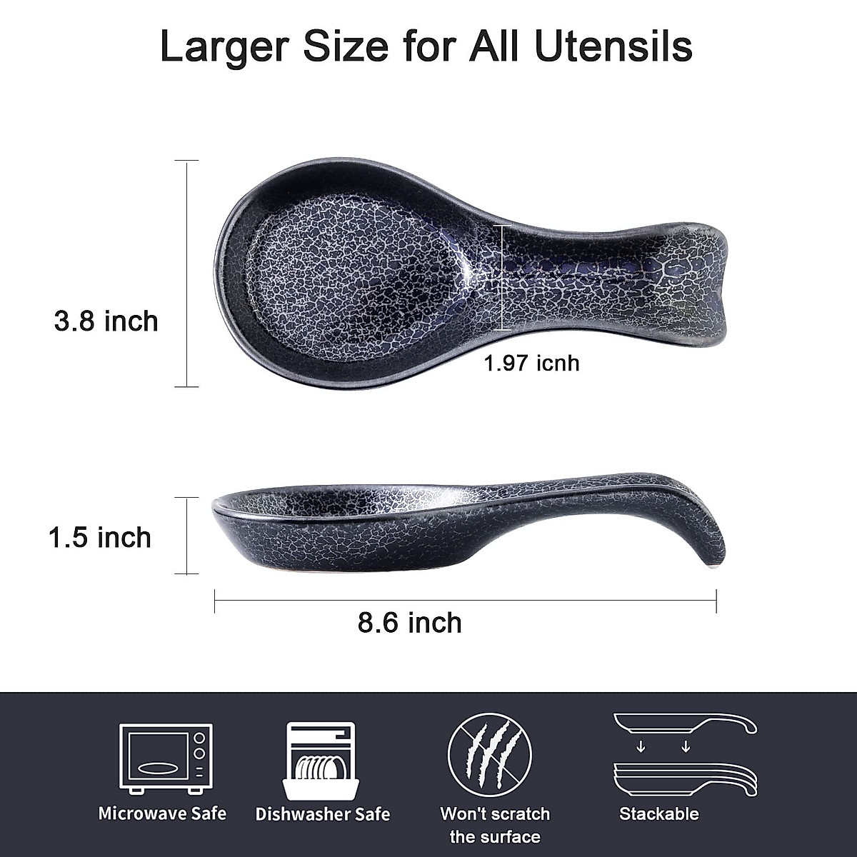 KQRIV Ceramic Spoon Rest for Stove Top - Extra Large Navy Porcelain Spoon Rest for Kitchen Counter, 8.6 Inch Heat Resistant Cooking Utensil Rest - Dishwasher Safe