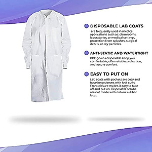 AMZ Medical Supply Disposable Lab Coats for Adults Small, White Medical Disposable Clothing 10 Pack, Splash-Proof SMS 40 GSM Lab Coats Disposable with Long Sleeves, Knit Collar, Cuffs, 3 Pockets