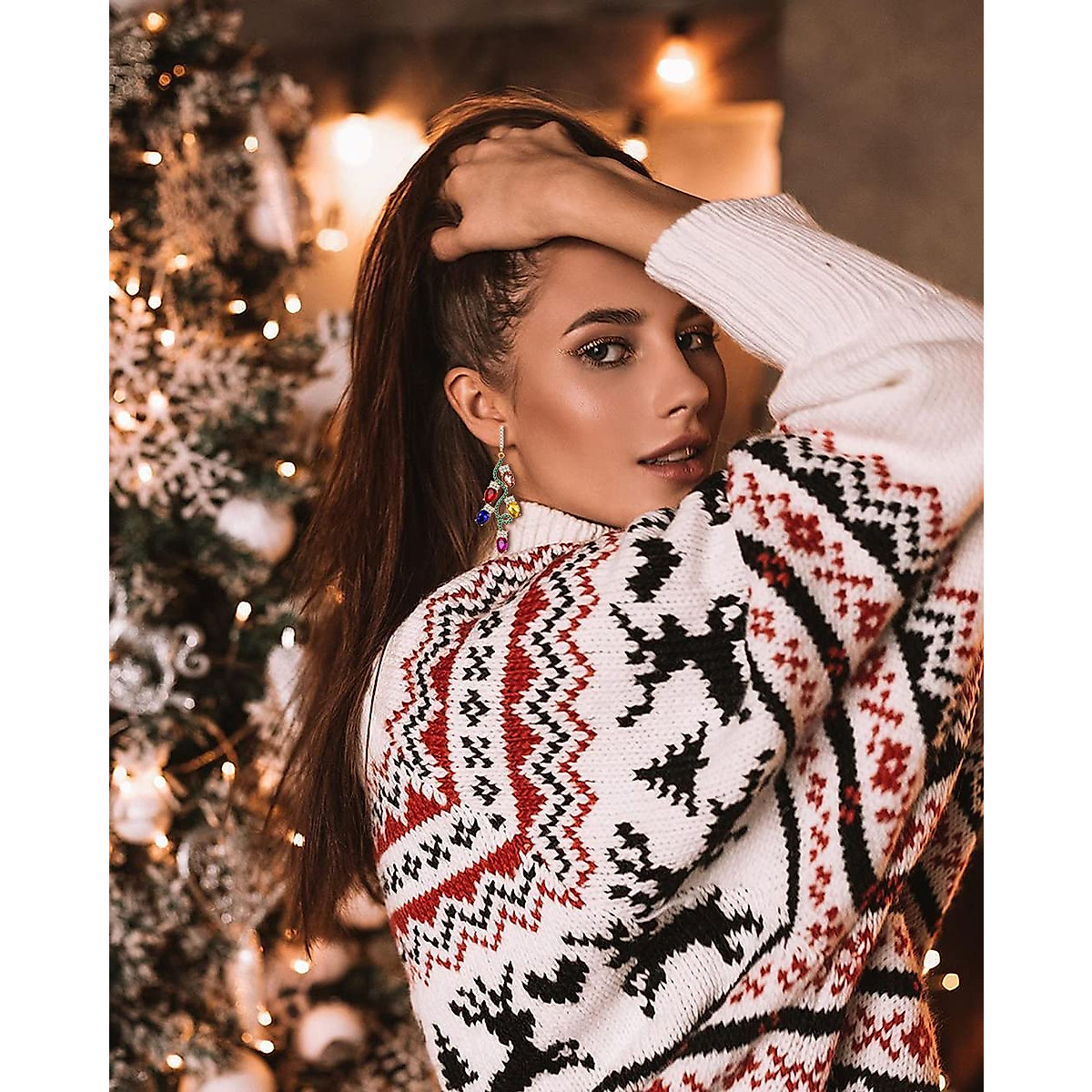 2 Pairs Christmas Earrings Beaded Christmas Tree Crystal Light Lamp Drop Dangle Earrings Xmas Statement Festive Holiday Earrings Accessory Gifts