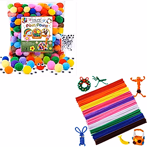 Caydo 300 Pieces 1 Inch Assorted Pompoms with 100 Pieces Wiggle Eyes with 100 Pieces Pipe Cleaners in 10 Colors for Art and Crafts, DIY Art Creative Crafts Project Decoration