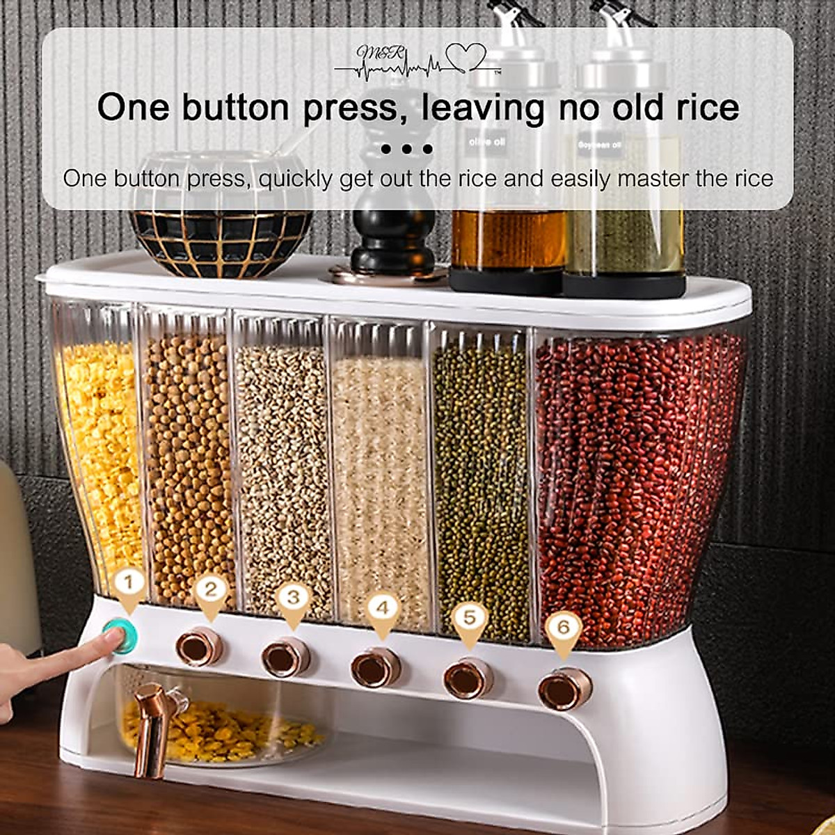 M&R, Dry Food Dispenser, Rice Container, Bulk Food Storage, Grain Canisters - 6 Grid, Moisture Proof/Airtight Dry Food Storage Containers/ Elegant design for home & kitchen.