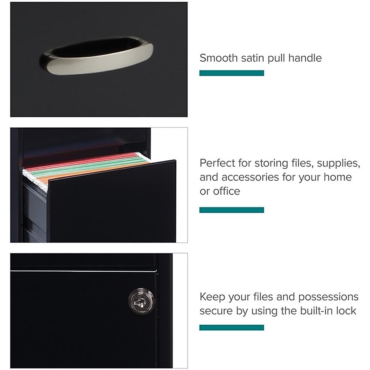 BOWERY HILL Modern 3 Drawer Metal Letter File Cabinet in Black