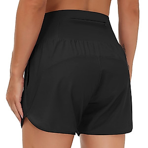THE GYM PEOPLE Women’s High Waist Running Shorts with Liner Athletic Hiking Workout Shorts Zip Pockets (Black, Medium)