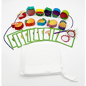 JAQI Montessori Educational Wooden Threading Stringing Toys Dinosaurs Traffic Space Insects Animals Fruits Lacing Beads Preschool Learning Toys for Toddler for Boys Girls (Fruits)