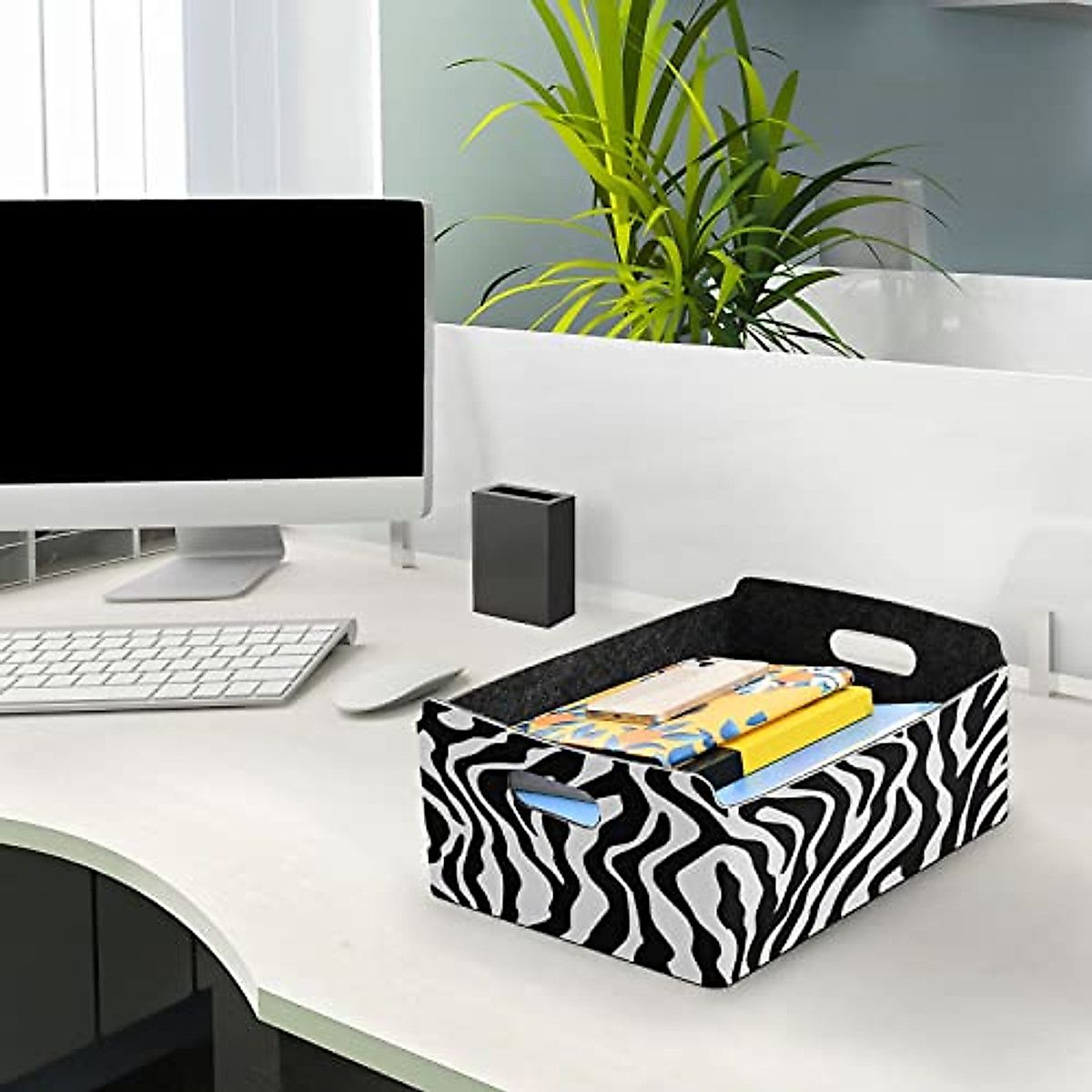Kigai Collapsible Felt Storage Bins Zebra Rectangle with Handle Storage Bins Baskets Toys Storage Basket for Organizing Closet Clothes Office Books Home Decor
