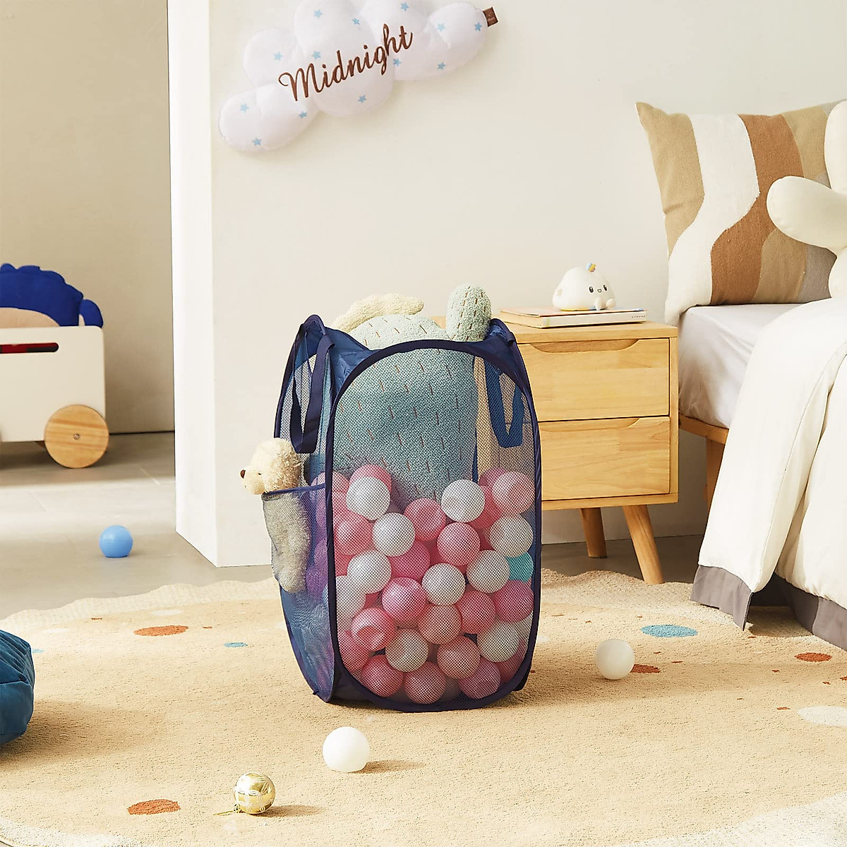 Collapsible Mesh Pop Up Laundry Hamper with Sturdy Handles and Side Pocket - Portable Foldable Clothes Baskets for Dorm, Bathroom & Travel Storage(Blue)