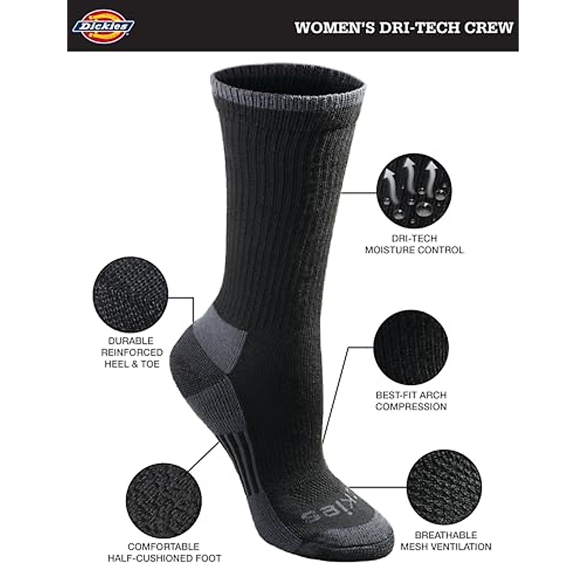 Dickies Women's Dritech Advanced Moisture Wicking Crew Socks (6/12 Pairs), Black Assorted (12 Pairs), Shoe Size: 4-6