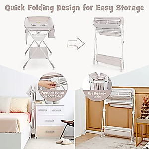 BABY JOY Baby Changing Table, Portable Folding Diaper Changing Station with Wheels, Adjustable Height, Large Storage Rack, Water Basin, Safety Belt, Mobile Nursery Organizer for Newborn Infant, Beige