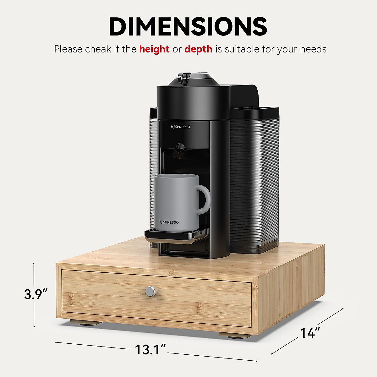 WELL WENG for Nespresso Vertuo Capsules (NV145) - Premium Bamboo Coffee Pod Drawer, 45 Big or 60 Small Vertuoline Pods Organizer - 14'' Deep by 3.9'' High (Natural)