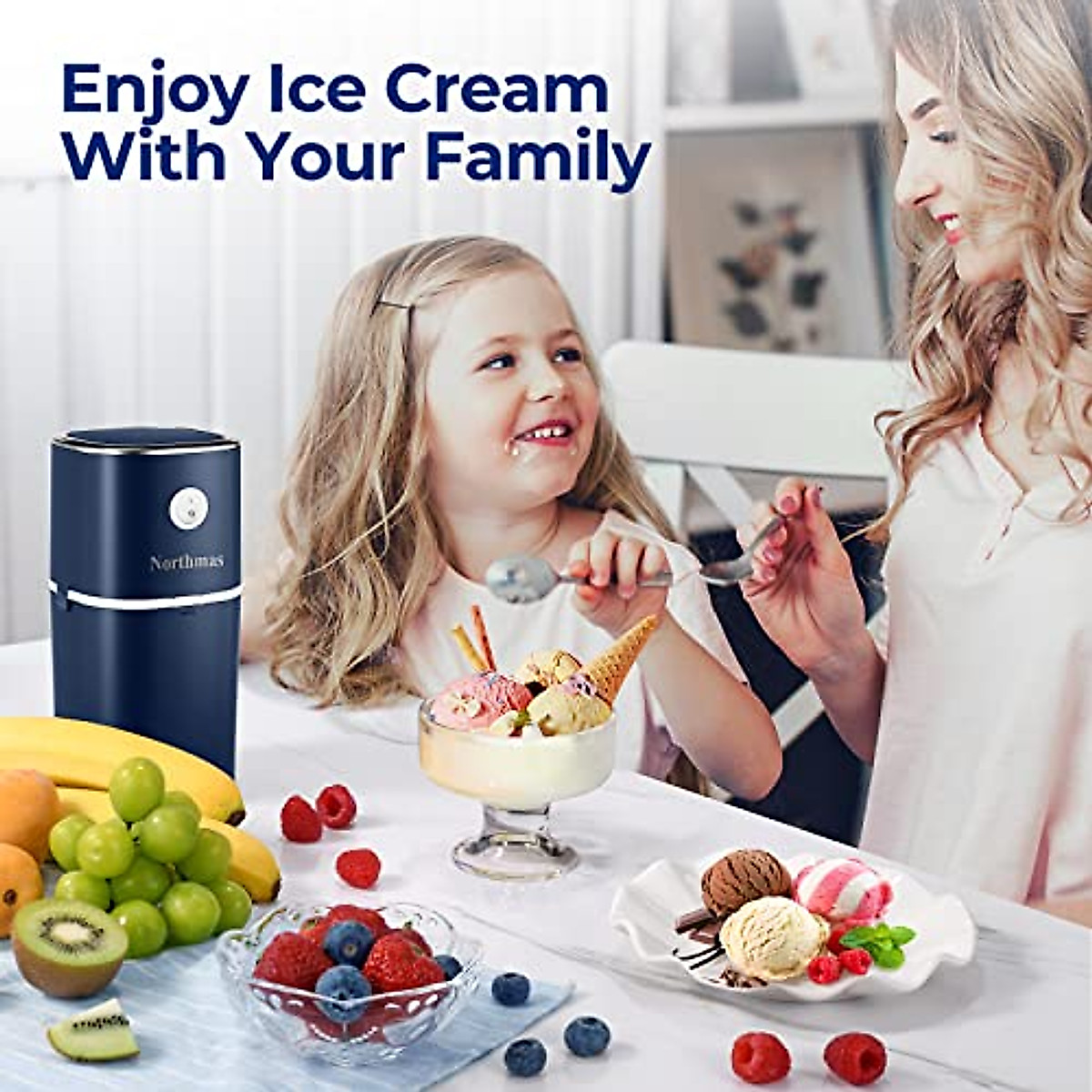 Northmas Ice Cream Maker Machine for Gelato, Sorbet, Frozen Yogurt & Smoothie, 150ml Solid Ice Cream Once, Suitable for 1-3 People, with 30 Recipes