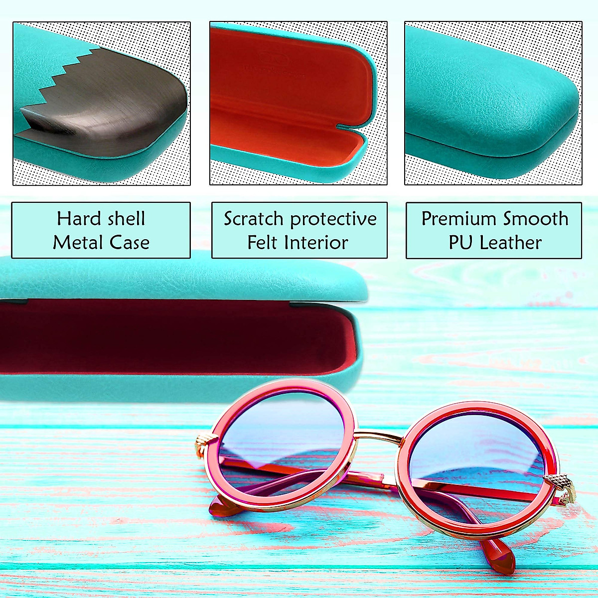 MyEyeglassCase Hard eyeglass case | Medium Clam shell Glasses Case with Microfiber Drawstring Pouch and Cleaning Cloth | Protective Small sunglasses case for women (AS126 Turquoise)