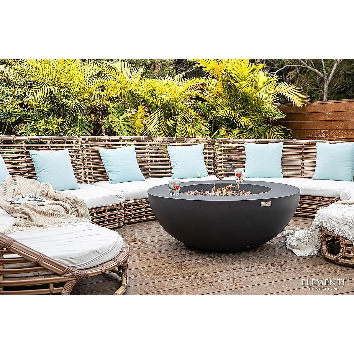 AMS Fireplace Elementi Lunar Bowl Cast Concrete Fire Table Bundle, Outdoor Fire Pit Fire TablePatio Furniture, Dark Gray (Natural Gas)